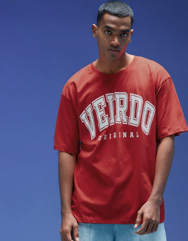 Veirdo Original Red Oversized Typography Brand Printed T-shirt