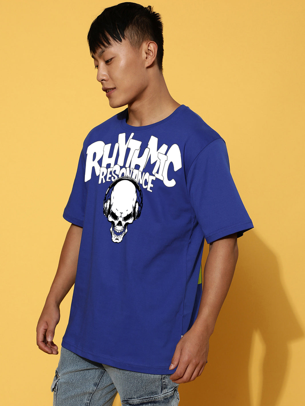RHYTHMIC Royal Blue Oversized Typographic Front Printed T-shirt – Veirdo