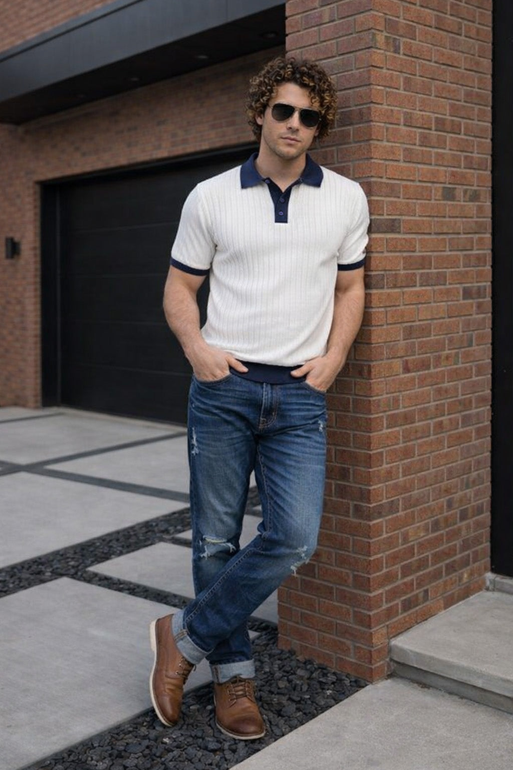 White Contrast Collar Flatknit Textured Regular Fit Exclusive Polo T-S ...