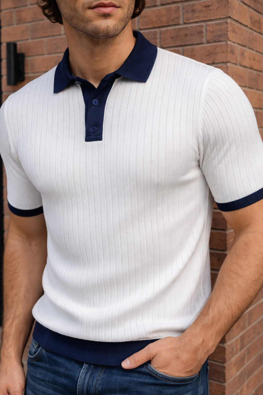 White Contrast Collar Flatknit Textured Regular Fit Exclusive Polo T-S ...