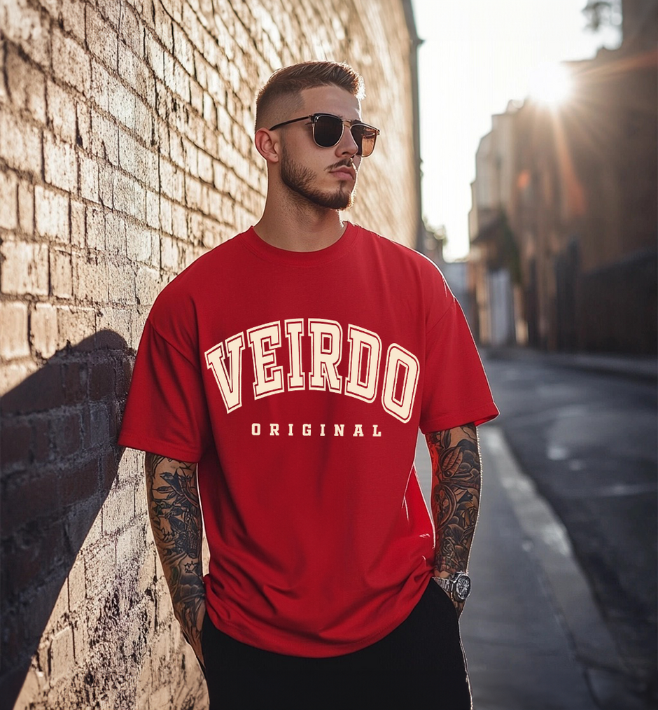 Veirdo Original Red Oversized Typography Brand Printed T-shirt